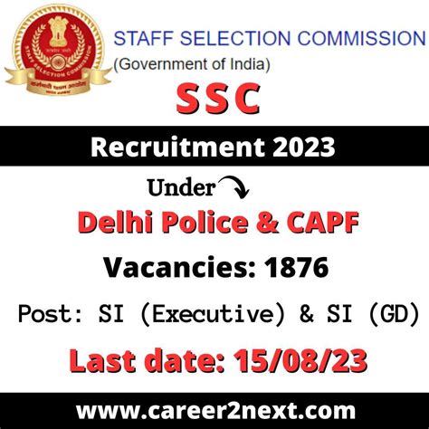 Ssc Si Recruitment 2023 1876 Sub Inspector Executive And Gd Career2next