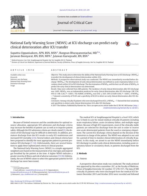 Pdf National Early Warning Score News At Icu Discharge Can Predict Early Clinical