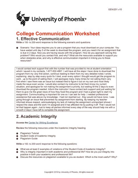 Gen 201 Week 3 Worksheet Gen201 V College Communication Worksheet 1