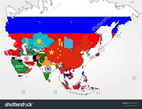 Vektor Stok Highly Detailed Asia Map Country Flags Tanpa Royalti