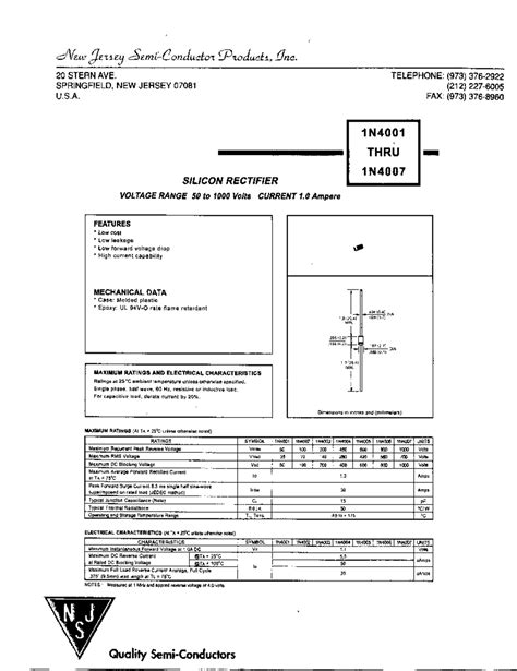 Silicon Rectifier 1n4001 New Jersey Products Inc 20 Stern Ave Telephone 973 Springfield