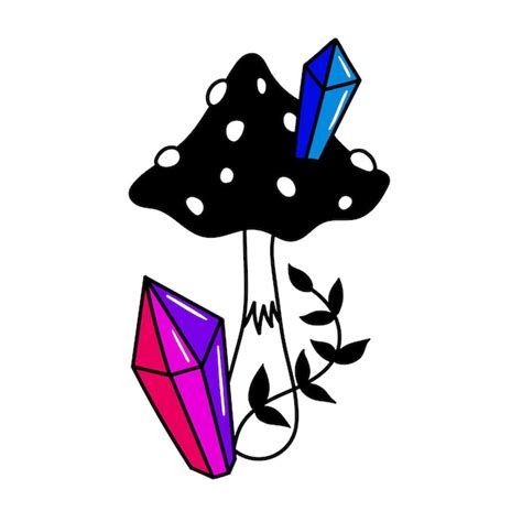 무지개 수정과 잔가지가 있는 신비로운 비행 Agaric Toadstools의 고립 된 클립 아트 버섯의 벡터 여러 가지 빛깔된
