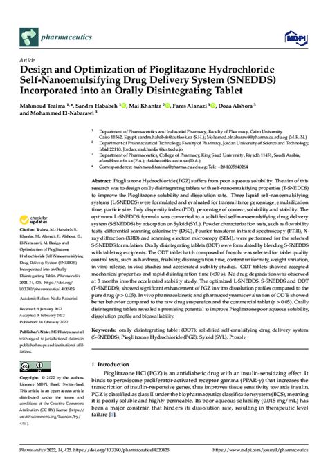 Pdf Optimizing Snedds For Pioglitazone Tablets