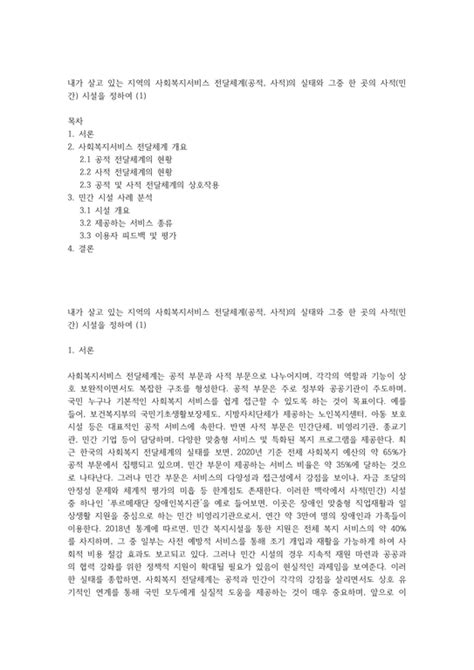 내가 살고 있는 지역의 사회복지서비스 전달체계공적 사적의 실태와 그중 한 곳의 사적민간 시설을 정하여 1 사회과학