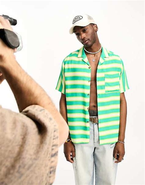 Asos Design Relaxed Revere Shirt With Longer Sleeve In Horizontal Green
