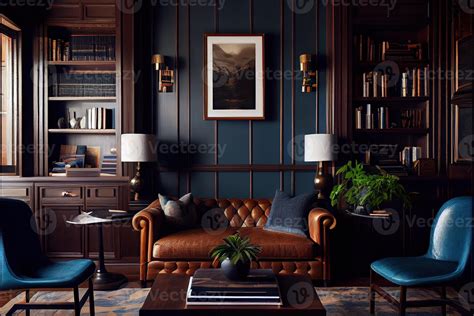 Illustration Of Dark Denim Grass Cloth Wallpaper With Dark Brown Wood