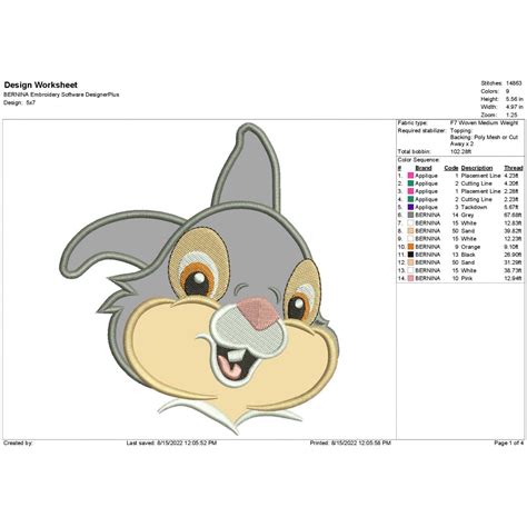 Thumper Head From Bambi Applique Design