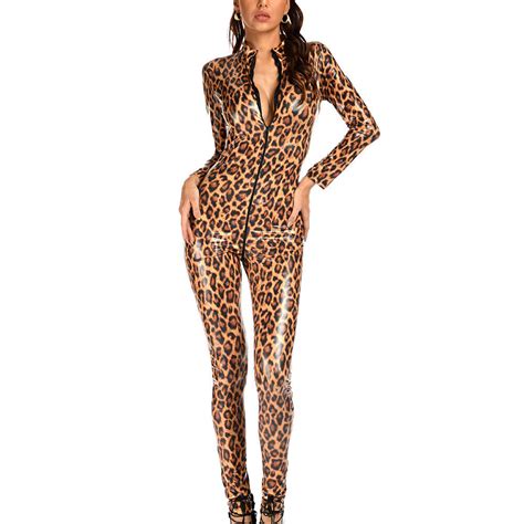 Sexy Zipper Body Overall Glänzend Wetlook Leopard Leder Bodysuit