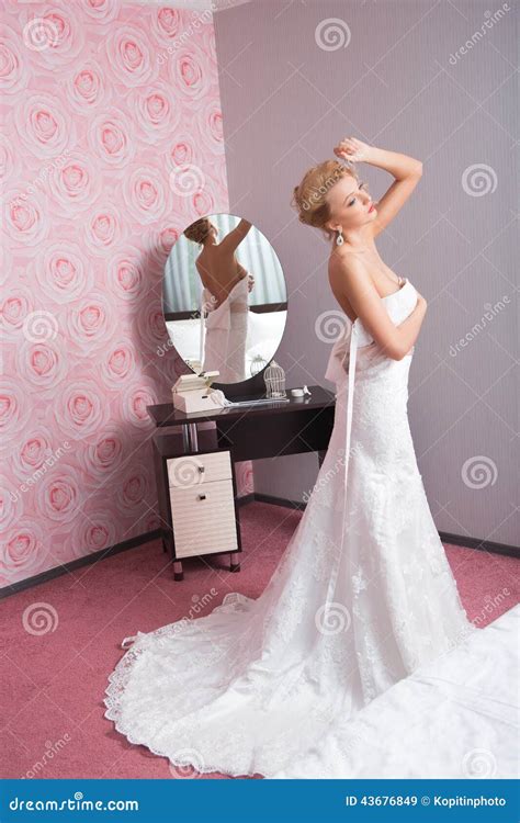 Girl Tries On A Wedding Dress Stock Image Image Of Lingerie