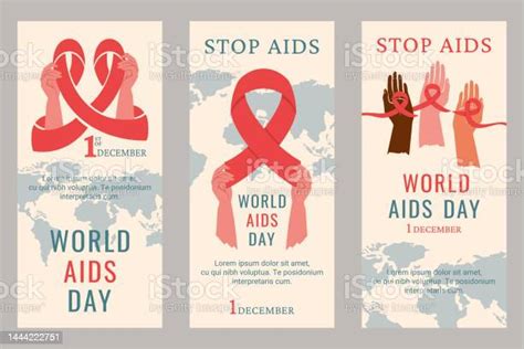 전단지 세트 세계 에이즈의 날 포스터 다른 색깔과 국적의 인간의 손이 빨간 리본을 들고 있습니다 지구 글자 모든 목적을위한 요소