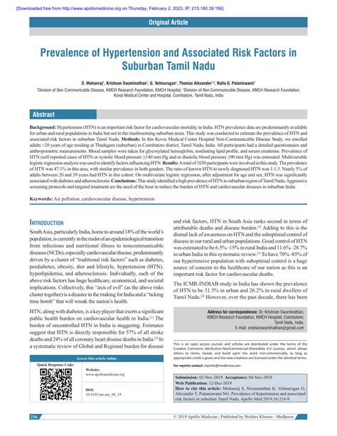 Pdf Prevalence Of Hypertension And Associated Risk Factors In