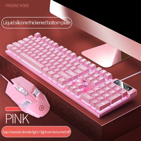 Pink Purple Gaming Keyboard And Mouse Set Mechanical Feel Girl Cute USB Wired Keybord With White