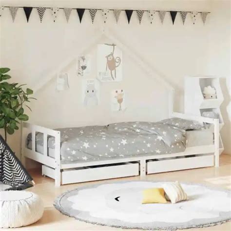 Cadre De Lit Enfant Tiroirs Blanc X Cm Bois De Pin Massif Eur Picclick Fr