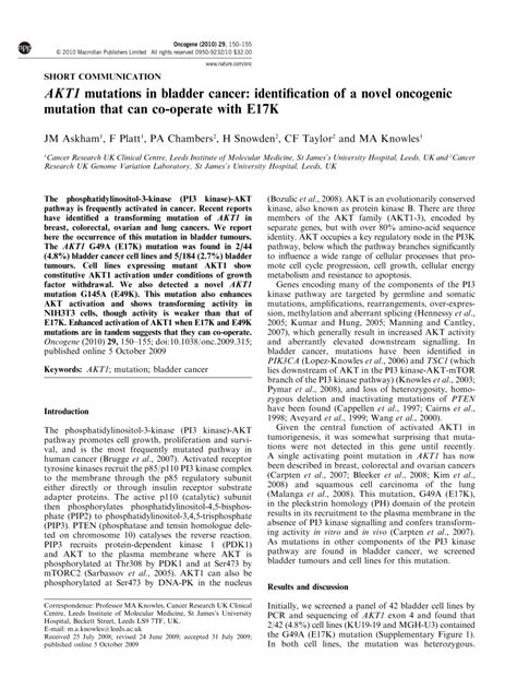 Pdf Akt1 Mutations In Bladder Cancer Identification Of A Novel