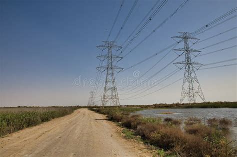 High Power Electric Transmission Grid Lines In The Desert Dammam Saudi