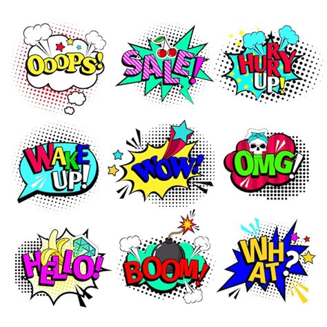 만화 텍스트 만화 만화 예술 연설 거품 및 텍스트 와우 및 Ooops 판매 및 안녕하세요 절연 액션 폭발 프리미엄 벡터