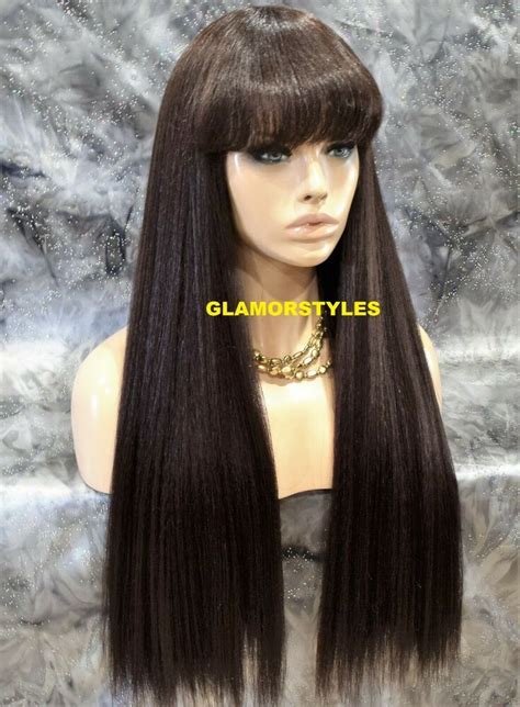 Human Hair Blend Very Long Straight W Bangs Brown Full Wig Hair Piece
