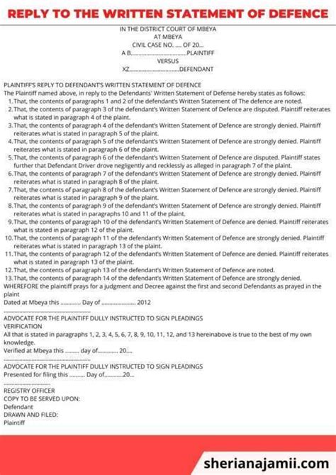 Reply To The Written Statement Of Defence Sample Sheria Na Jamii