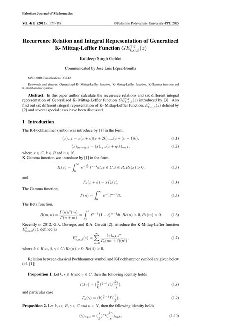 Pdf Recurrence Relation And Integral Representation Of Generalized K Mittag Leffler Function