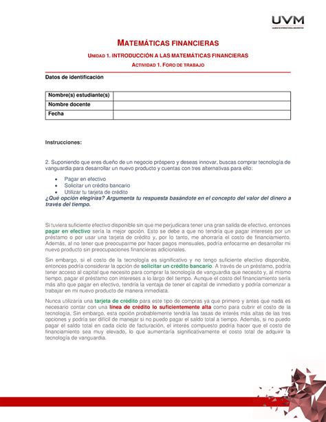 Actividad 1 Foro De Trabajo Mf MatemÁticas Financieras Unidad 1