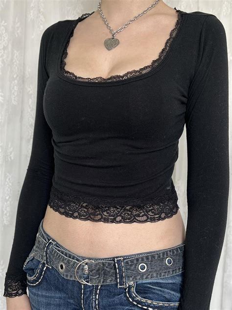 Emmiol Free Shipping Lace Trim Splice Square Neck Crop Long Sleeve Tee Black S In Long