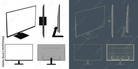 Vector Desktop Monitor Computer Screen Illustration Line Blueprint