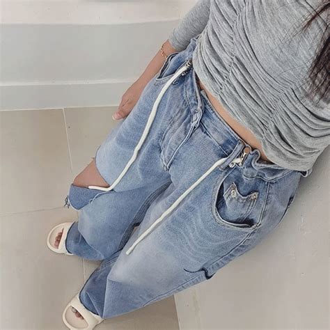 롱팬츠핏최고 밴딩 찢청 스트링 하이웨스트 롱와이드 컷팅 데님 팬츠 에이블리
