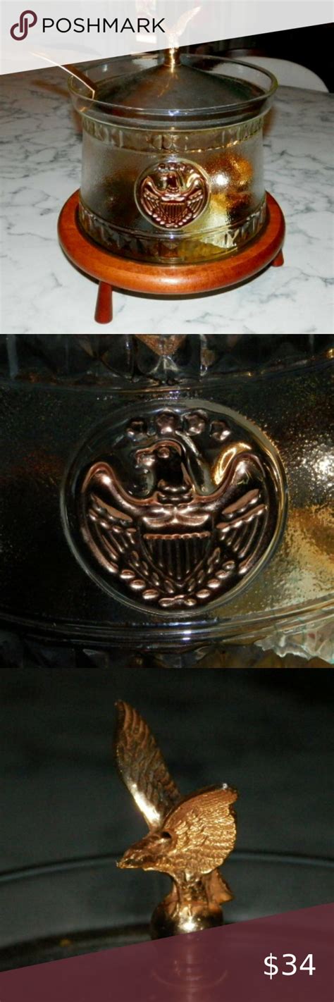 American Eagle Motif Glass Ice Bucket Wmetal Lid Gold Ladle And Wood