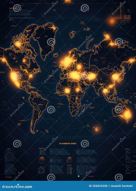 Digital World Map Showcasing Glowing Hotspots Of Activity Across Continents And Countries During