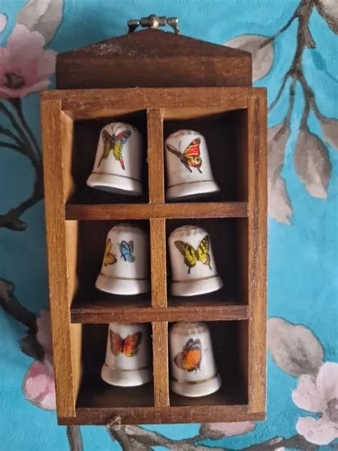 6 FingerhÜte Fingerhut Porzellan Schmetterlinge In Holz Setzkasten