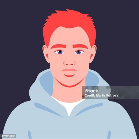 파란 까마귀를 입은 젊은 빨간 머리 남자 추상적인 남자의 초상화 플랫 스타일의 전체 얼굴 추상 남성 아바타 가득 찬에 대한 스톡