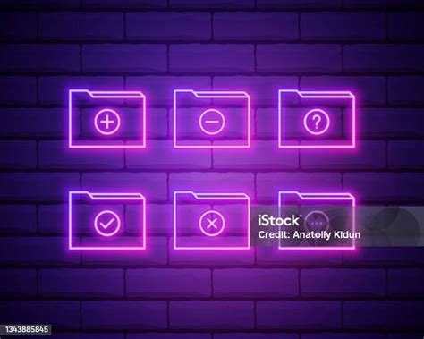 네온 아이콘 세트 폴더 벽돌 벽에 고립 된 분홍색 네온 벡터 아이콘 세트 0명에 대한 스톡 벡터 아트 및 기타 이미지 0명 3차원 형태 누름 버튼 Istock