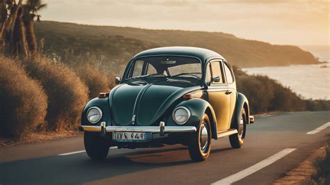 A Vintage Volkswagen Beetle Driving Along The Peaceful Coastal Roads At