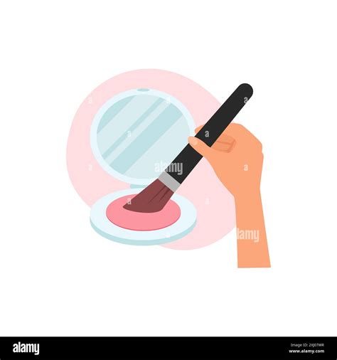 Hand With Makeup Brush Taking Compact Blush From Round Package Vector