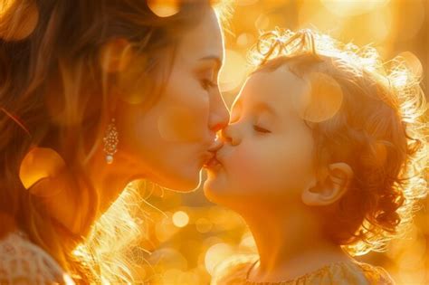Momento Terno De Mãe E Filho Na Luz Dourada Do Pôr Do Sol Beijo