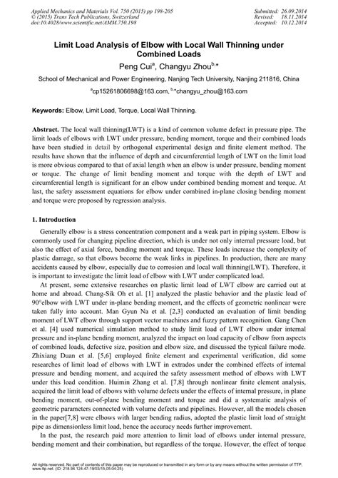 Pdf Limit Load Analysis Of Elbow With Local Wall Thinning Under Combined Loads
