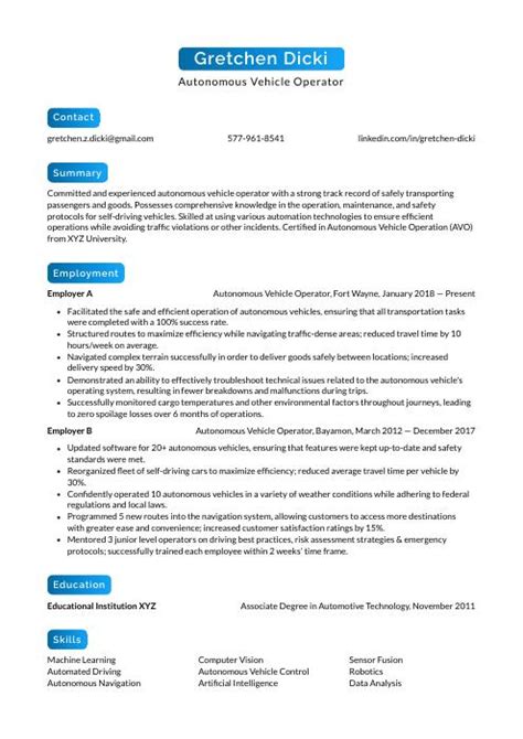 Autonomous Vehicle Operator Resume Cv Example And Writing Guide