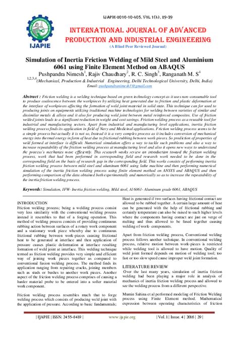 Pdf Simulation Of Inertia Friction Welding Of Mild Steel And Aluminium 6061 Using Finite