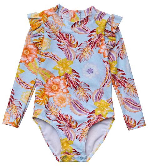 Snapper Rock Girls Boho Tropical Frill Long Sleeve One Piece Swimsuit