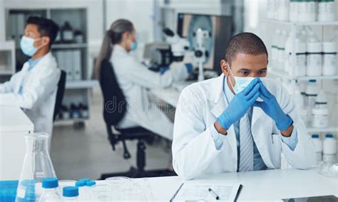 lab stress and scientist thinking of research in a laboratory worried