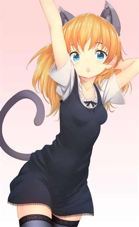 Safebooru 1girl O Animal Ears Arms Up Black Legwear Blonde Hair Blue