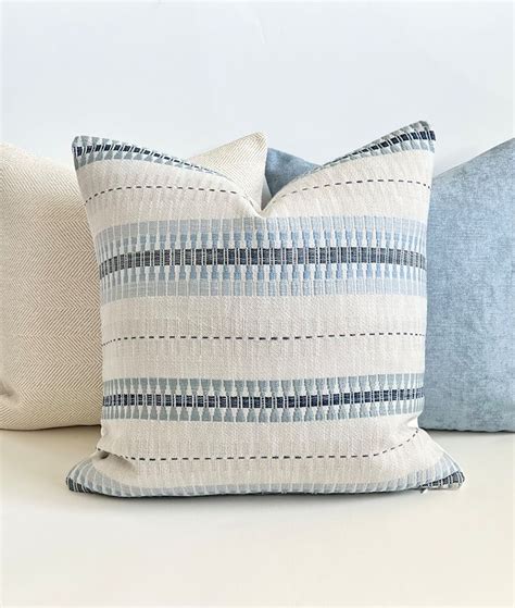 Light Blue Navy And Off White Embroidered Boho Striped Decorative