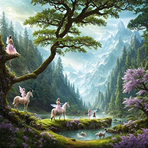 Fantasy Worlds With Unicorn Fairies And Nature Ai Generated Stock