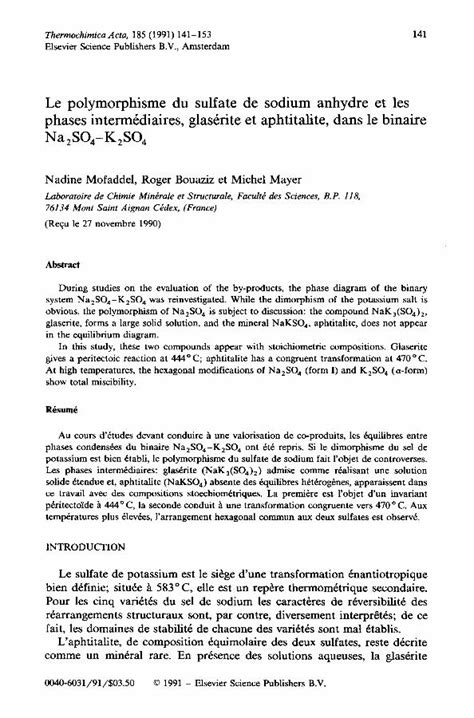 Pdf Le Polymorphisme Du Sulfate De Sodium Anhydre Et Les Phases Intermédiaires Glasérite Et