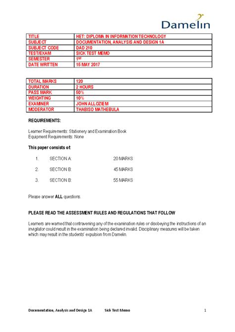 Doc Analysis A Sick Test Memo TITLE HET DIPLOMA IN INFORMATION TECHNOLOGY SUBJECT
