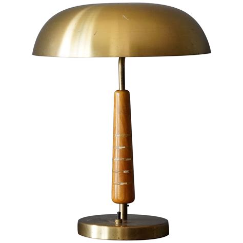 Swedish Modernist Designer Table Lamp Brass Stained Wood Frosted