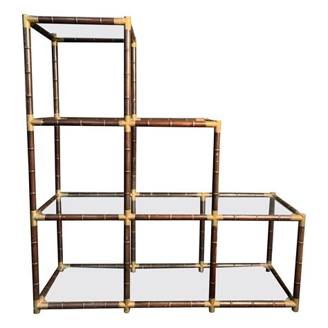 Mid Century Modern Faux Bamboo Etagere With 4 Glass Shelves And 2