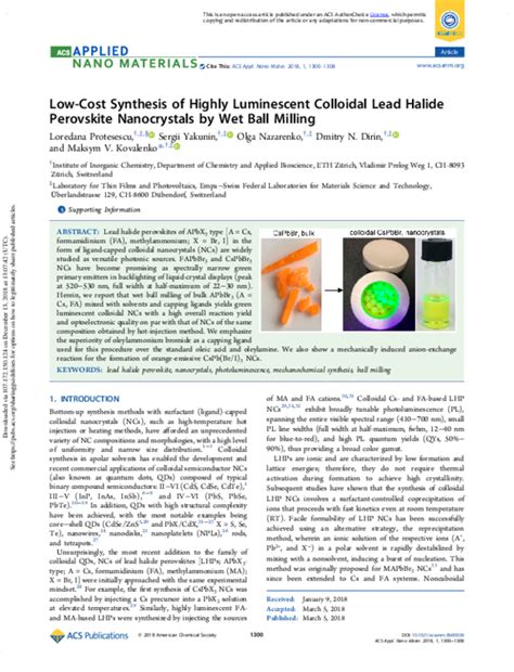 Pdf Low Cost Synthesis Of Highly Luminescent Colloidal Lead Halide Perovskite Nanocrystals By