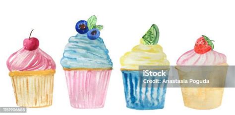 딸기와 매운 허브의 다른 장식품 수채화 컵 케이크의 집합입니다 디자인을 위한 래스터 그림 컵케이크에 대한 스톡 벡터 아트 및 기타 이미지 컵케이크 수채화 개체 그룹
