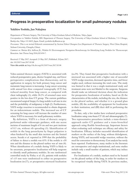 Pdf Progress In Preoperative Localization For Small Pulmonary Nodules
